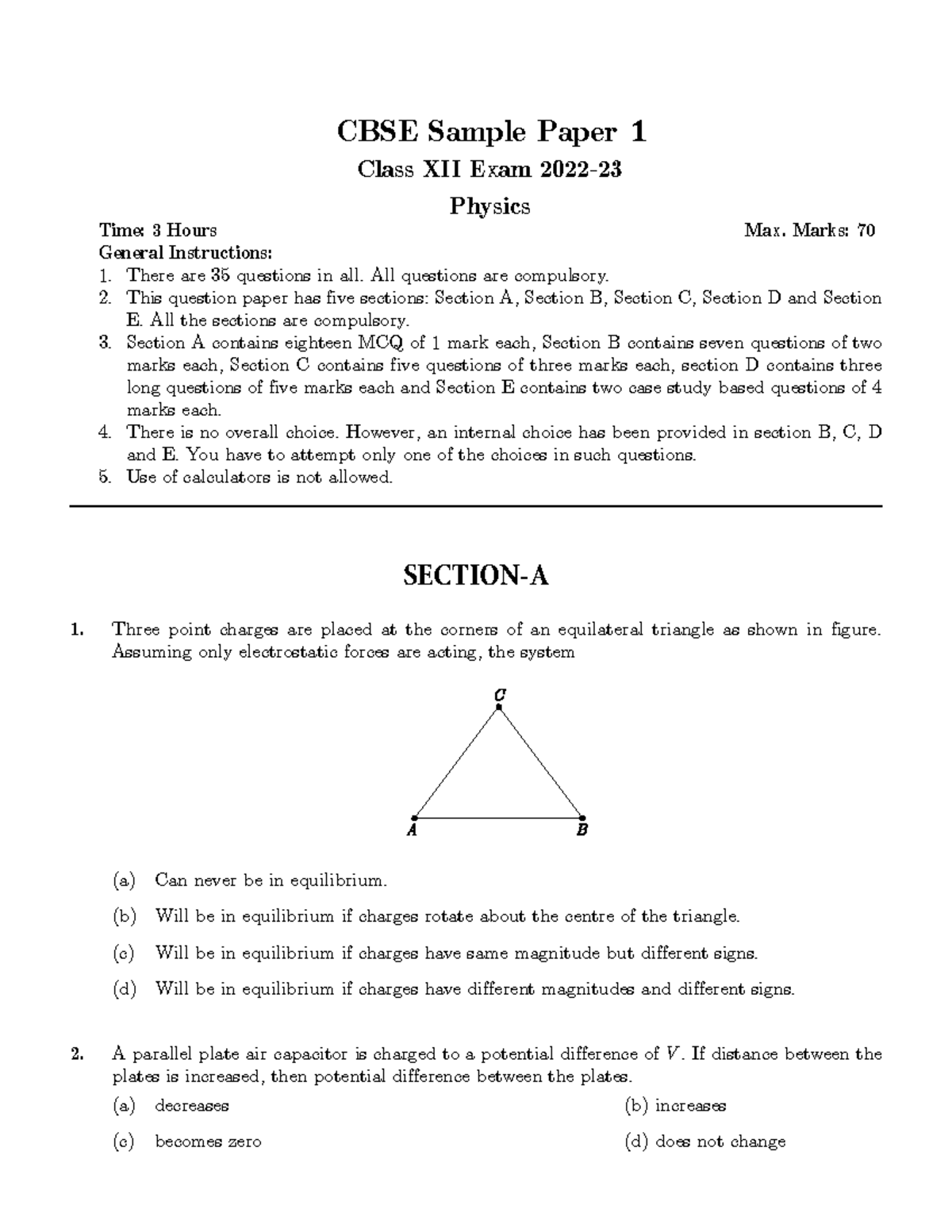 1 - sample - CBSE Physics Class 12 Sample Paper 4 Page 1 Class XII Exam ...