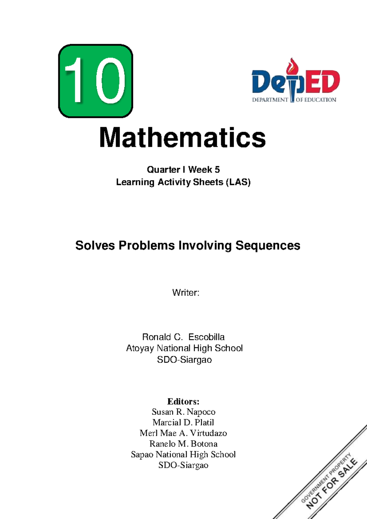 Math 10 Q1 WEEK 5 - LAERNING ACTIVITY SHEET WEEK 5 - 10 Mathematics ...