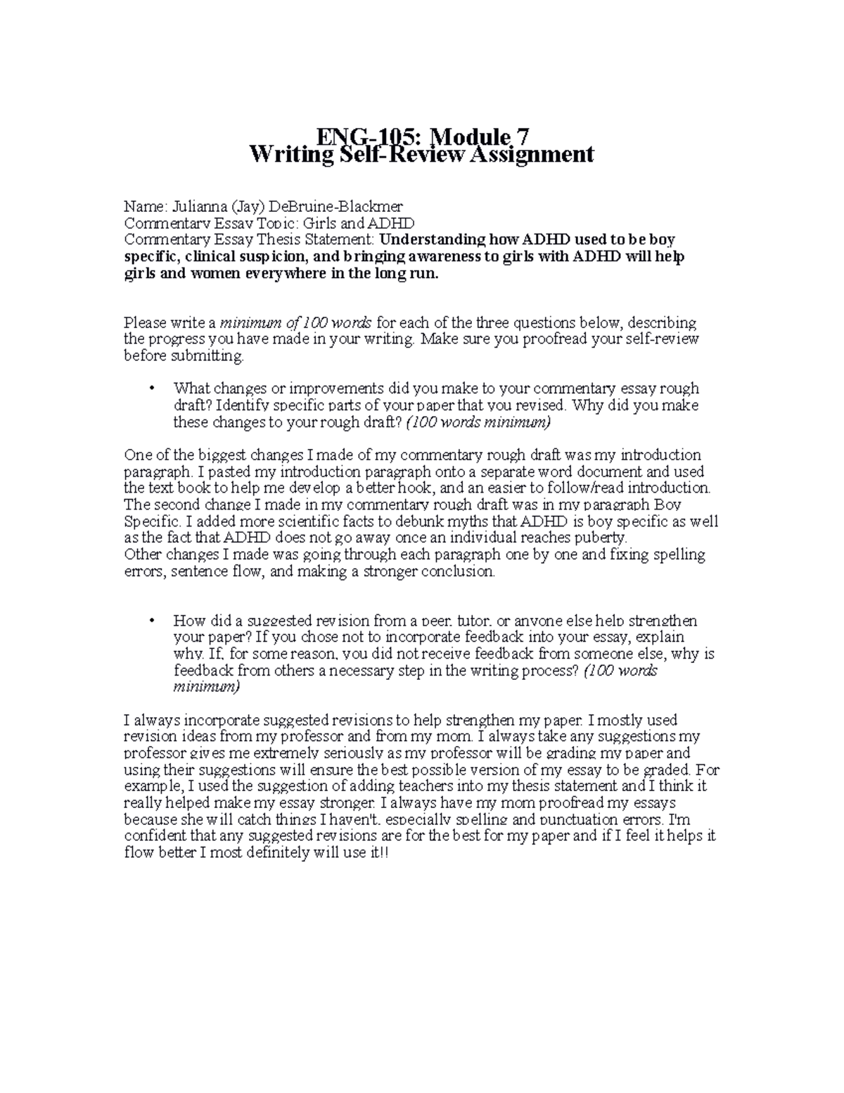 Self Review Assignment Week 7 - ENG-105: Module 7 Writing Self-Review ...