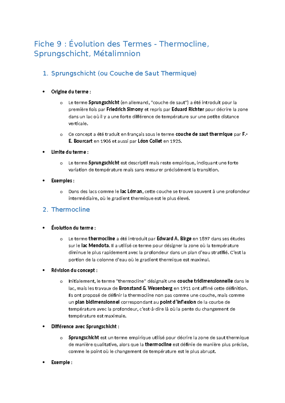 Fiche 9 + tableau lacs - Évolution des Termes - Thermocline, Sprungschicht, Métalimnion Synthèse ...