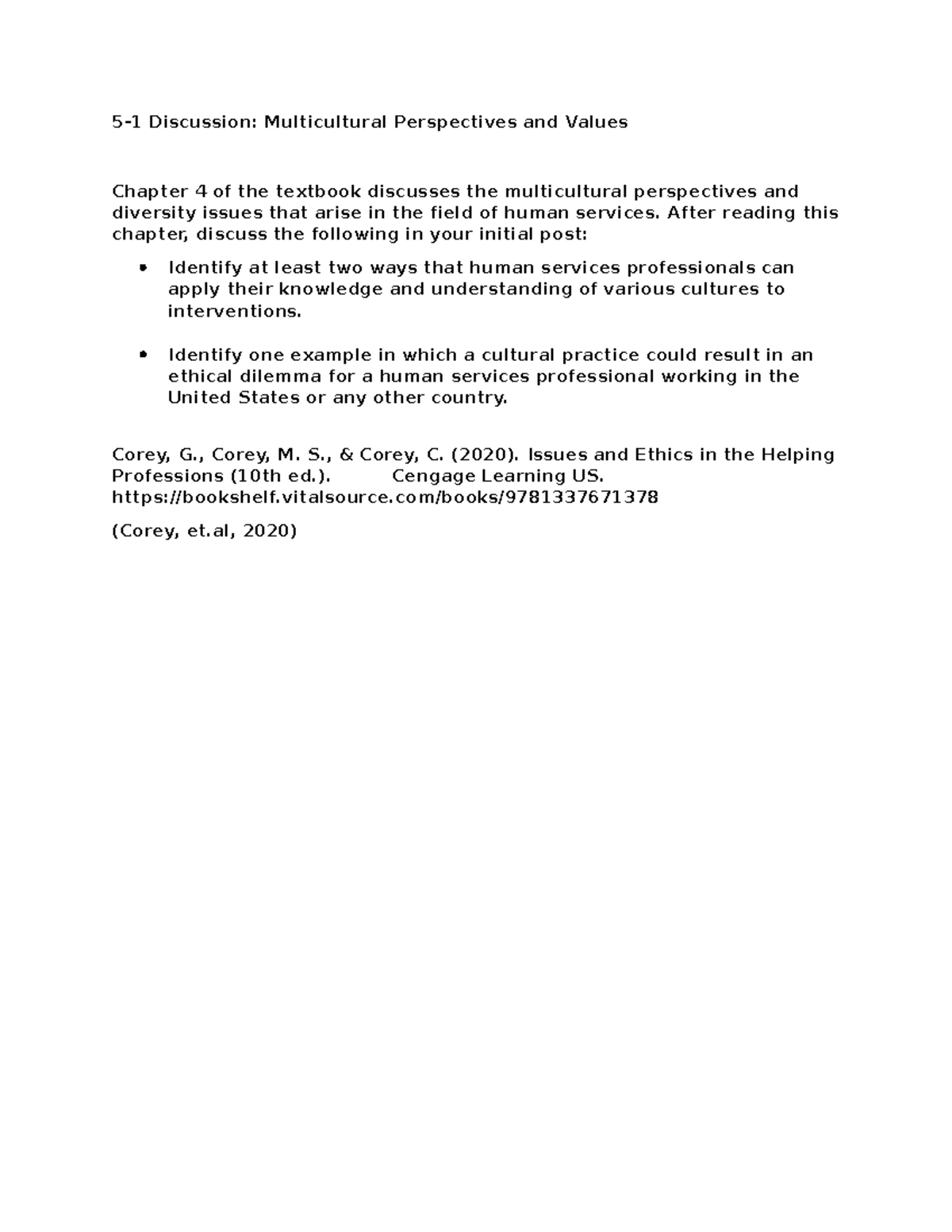5-1 Discussion Multicultural Perspectives and Values - After reading ...
