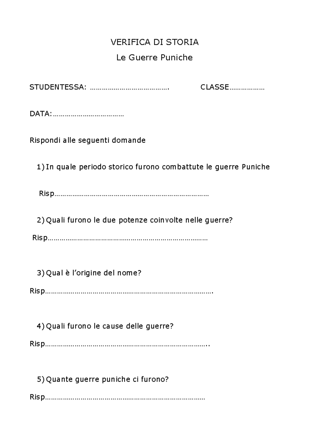 Guerre Puniche Verifica Di Storia Le Guerre Puniche Studentessa