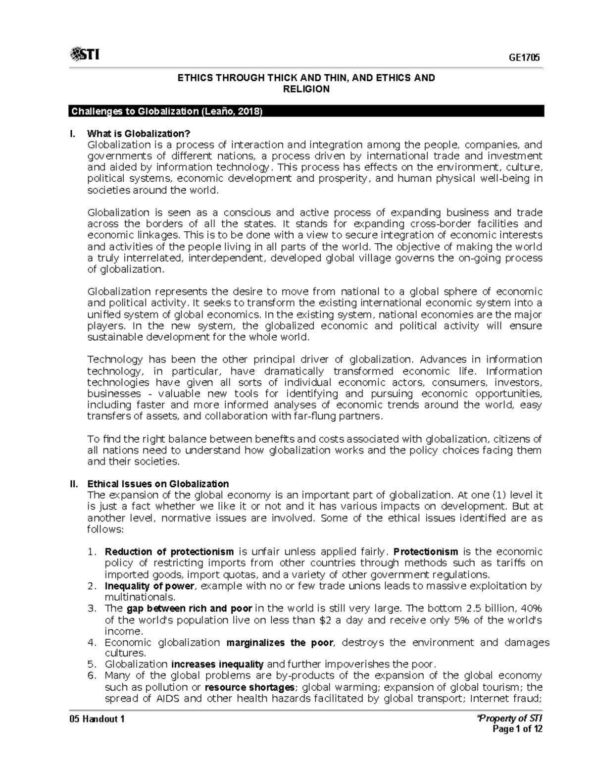 05 Handout Ethics - 05 Handout 1 *Property of STI ETHICS THROUGH THICK AND THIN, AND ETHICS AND ...