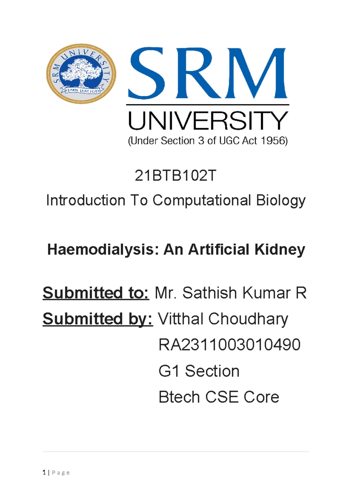 Haemodialysis - Assignment for project report - 21BTB102T Introduction To Computational Biology ...
