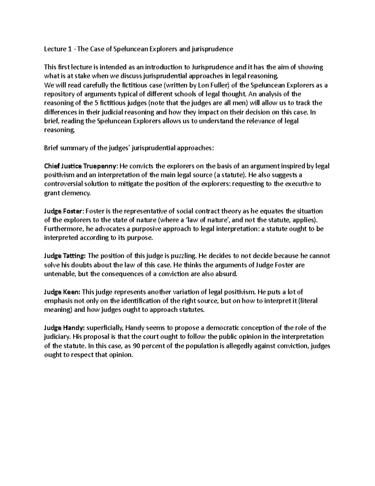 Lecture 1 - The Case of Speluncean Explorers (Judges Jurisprudential ...