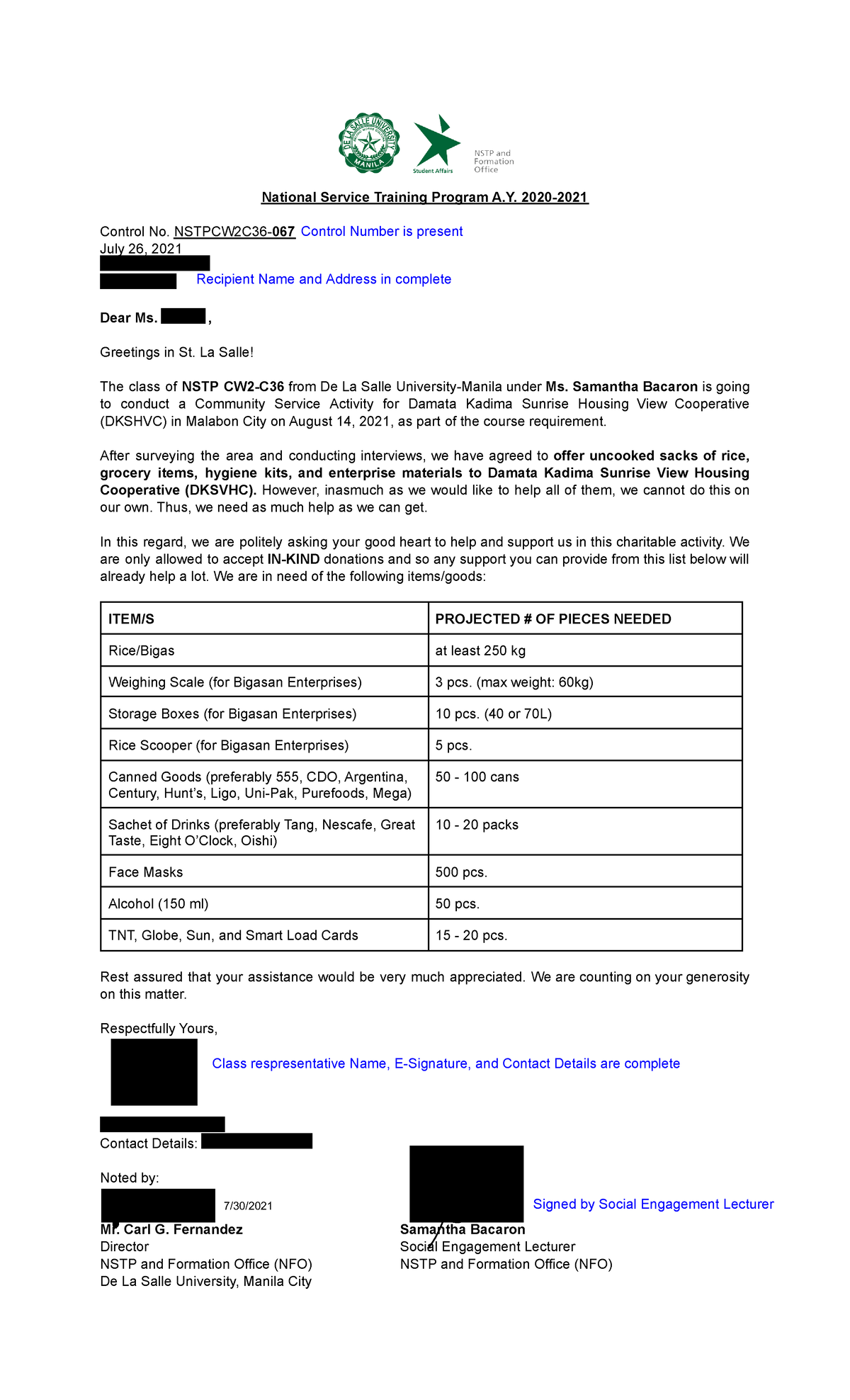 Sample-02 - Sample - National Service Training Program A. 2020- Control ...