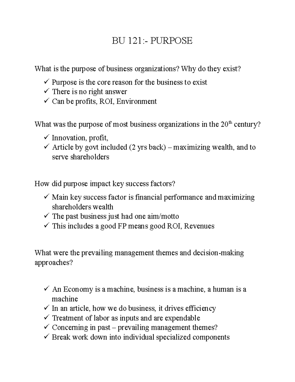 Purpose- intro to Functional areas - BU 121:- PURPOSE What is the ...
