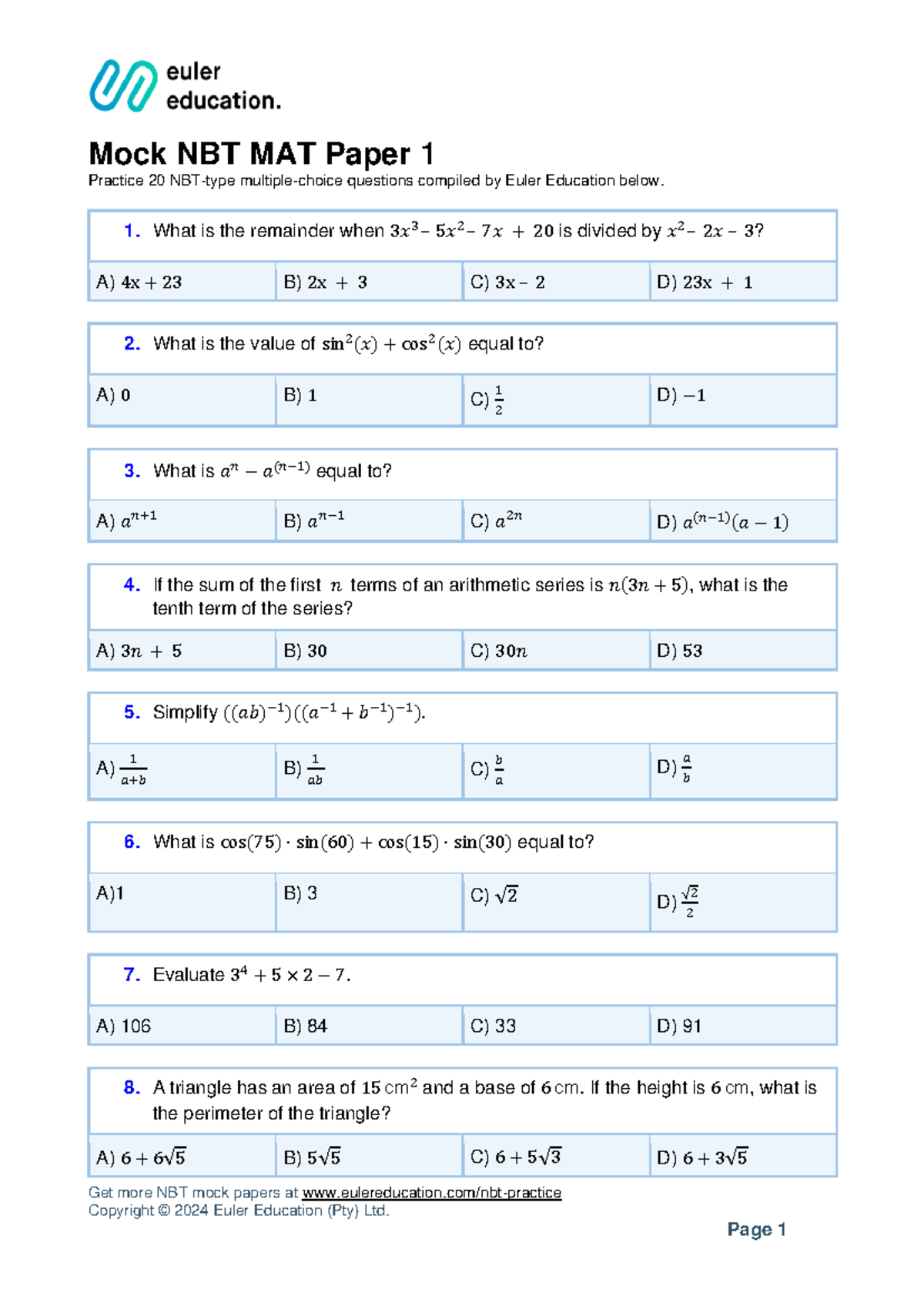 Nbt mathematics for practise (Mat) - Get more NBT mock papers at ...