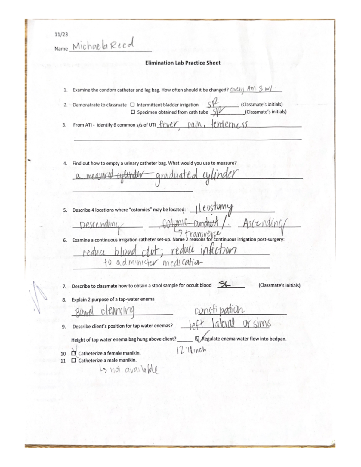 Elimination Lab Practice Sheet page 1 - NURS 124 - Studocu