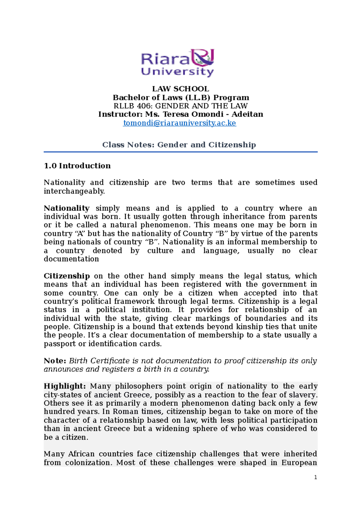 Class notes on Gender and Citizenship - LAW SCHOOL Bachelor of Laws (LL ...