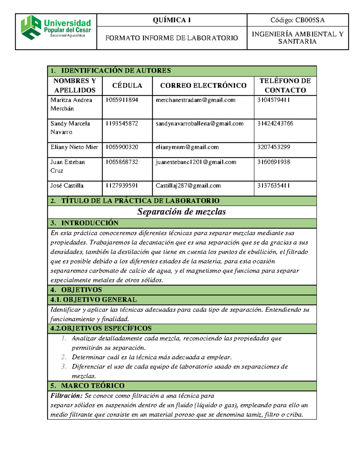 Formato Informe de laboratorio 2 Mezclas - FORMATO INFORME DE LABORATORIO INGENIERÍA AMBIENTAL Y ...