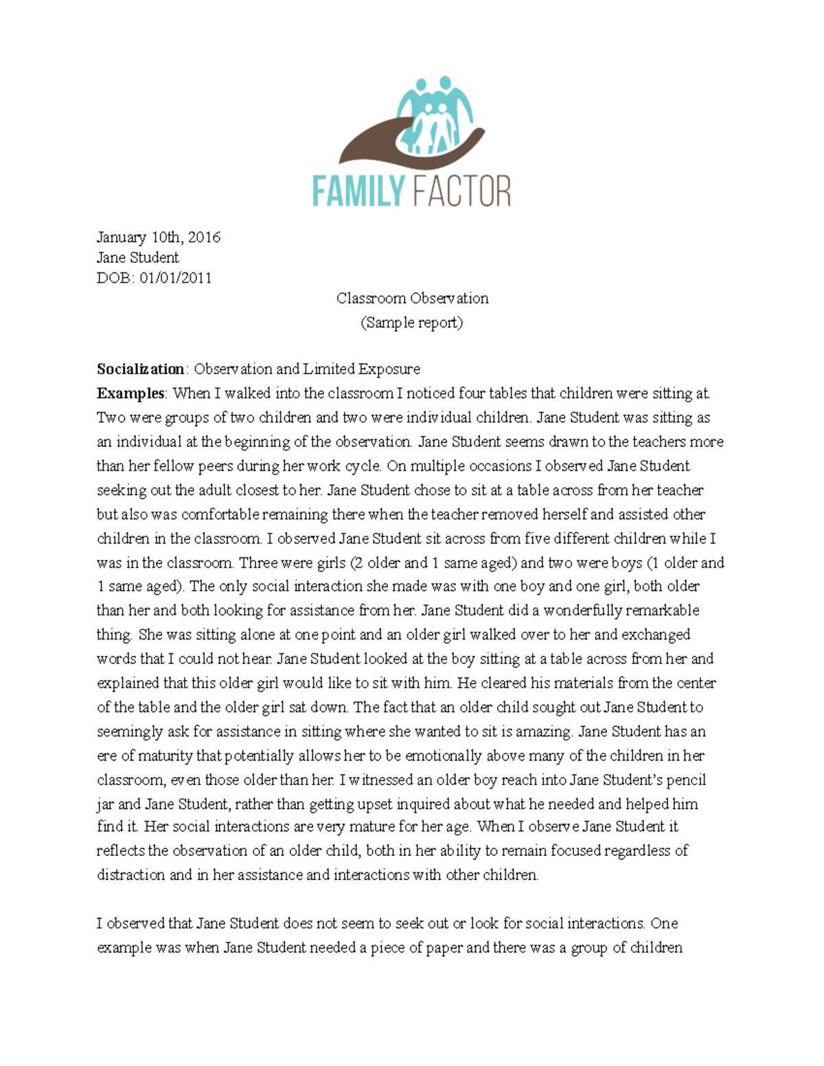 Child Classroom Observation Report - January 10th, 2016 Jane Student ...