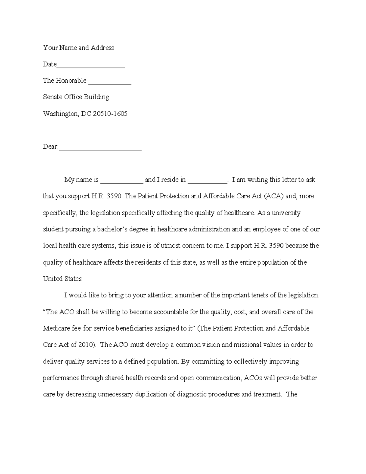 HCM 320 Milestone Three Sample Letter One - Your Name and Address Date