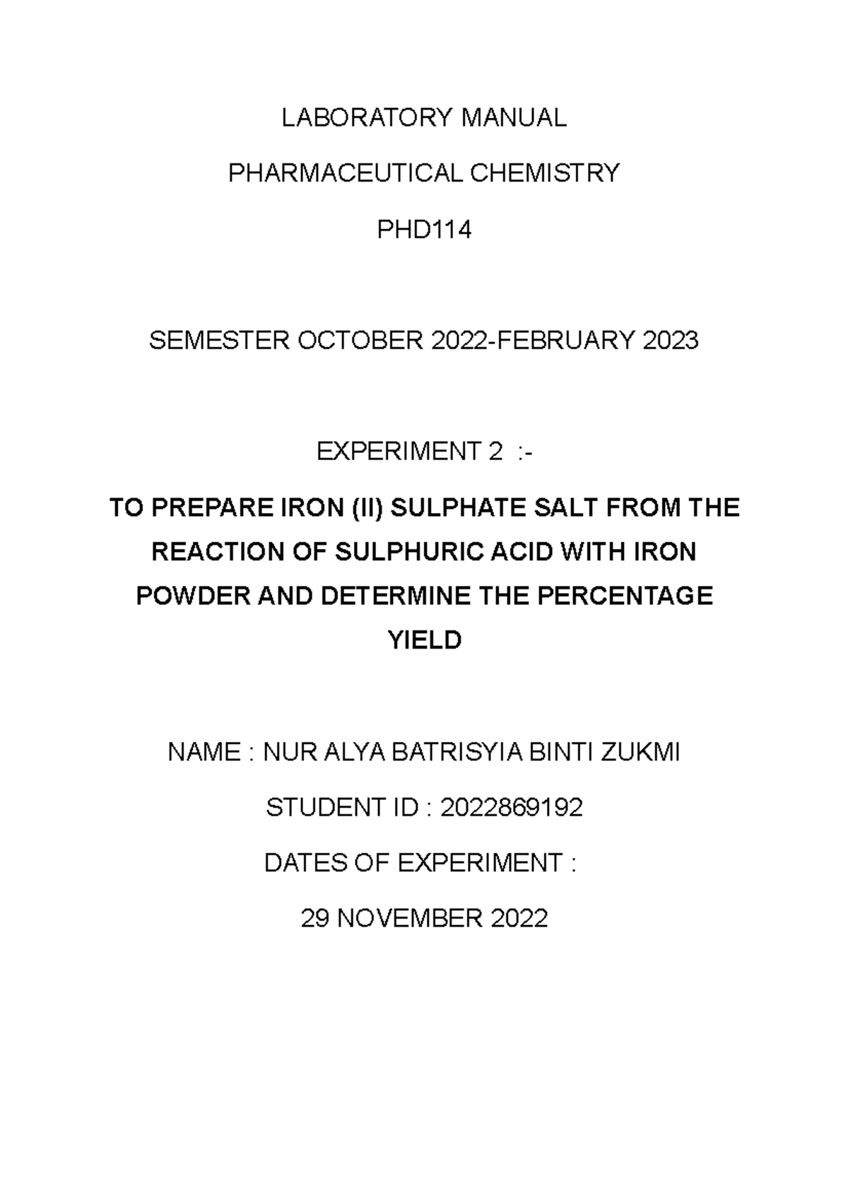 PHD114 LAB REPORT 2 - LABORATORY MANUAL PHARMACEUTICAL CHEMISTRY PHD ...