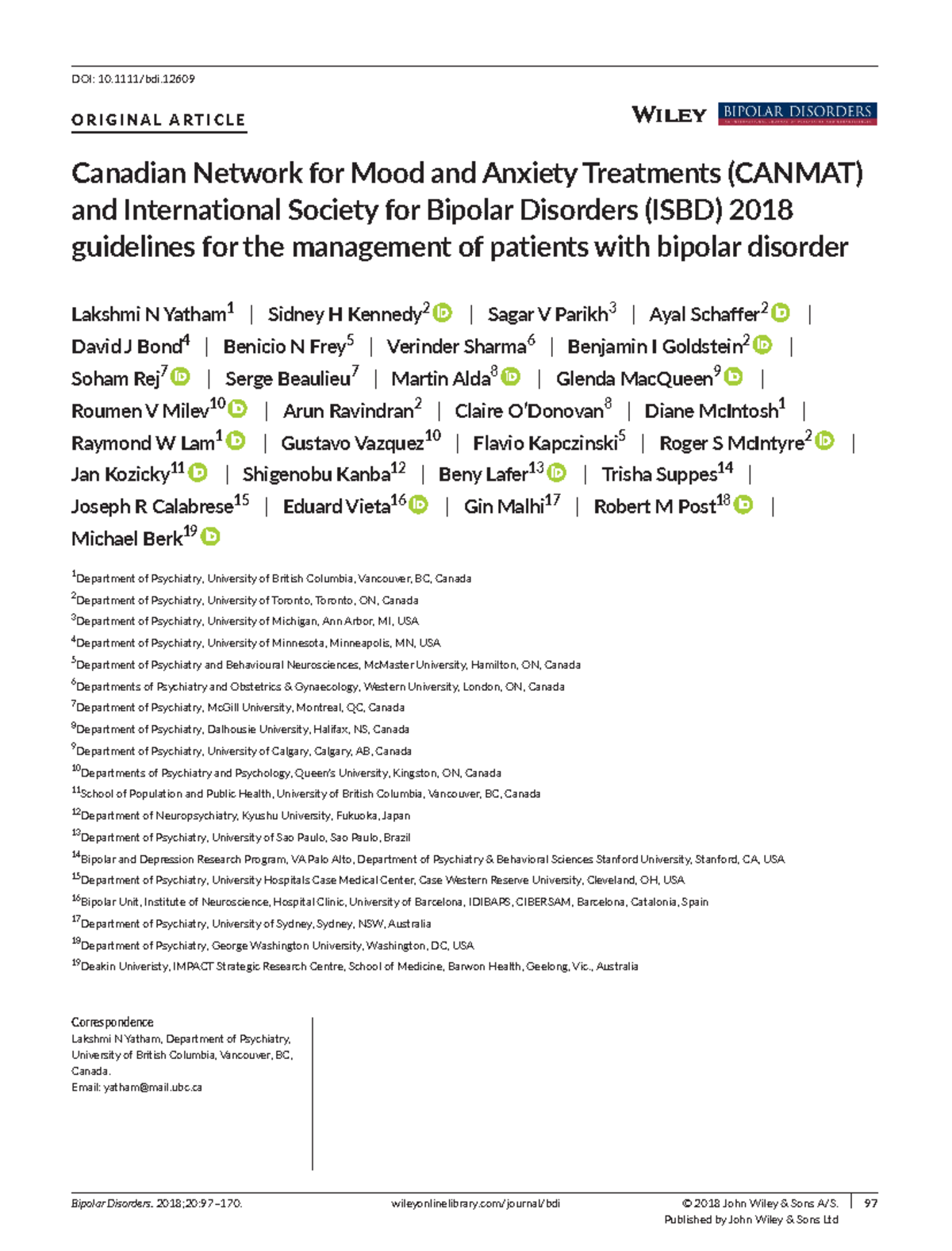 Canmat and ISBD Bipolar Guidelines- Yatham et al 2018 - Bipolar Disorders. 2018;20:97–170. - Studocu