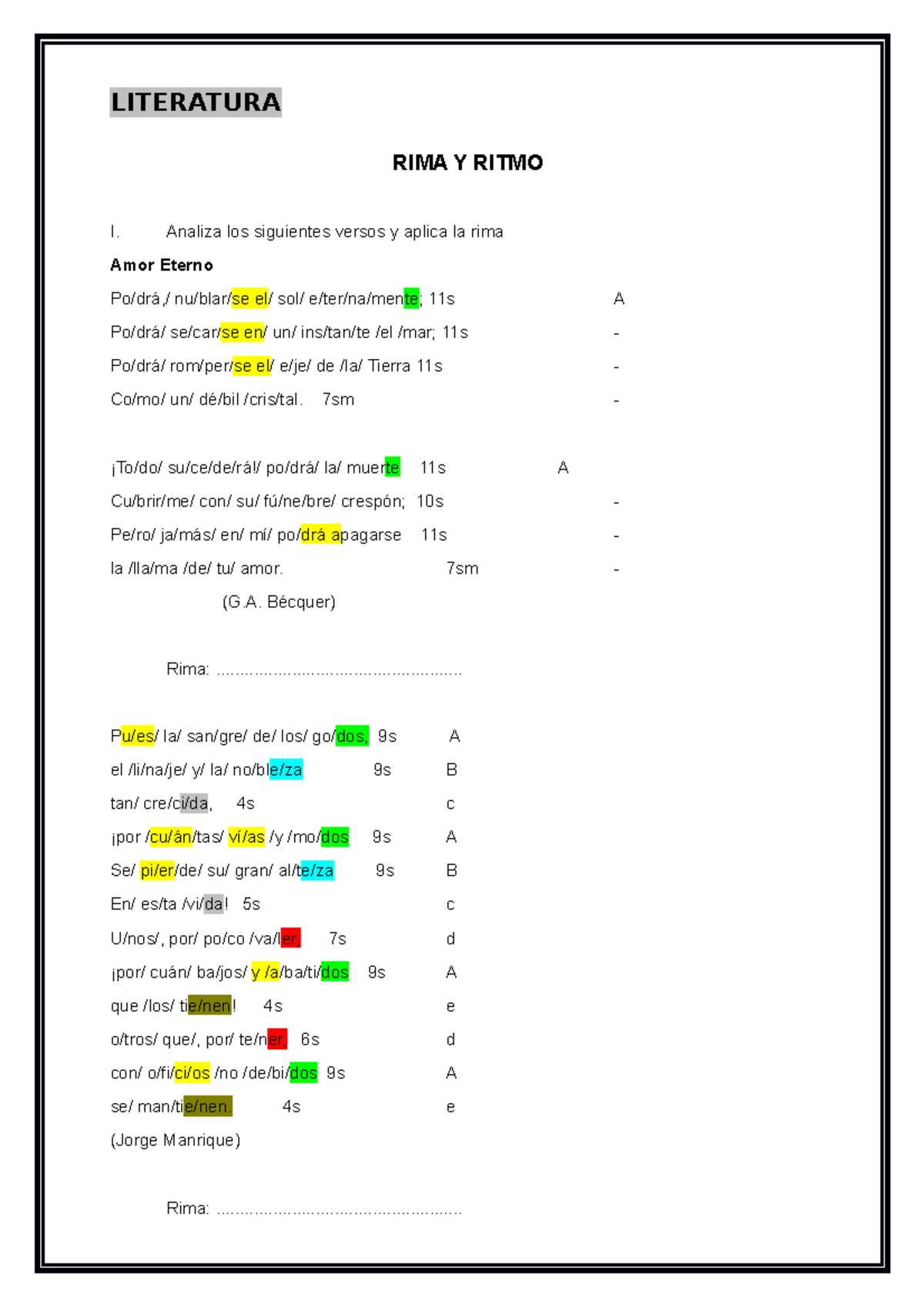 Practica de ritmo y rima - LITERATURA RIMA Y RITMO I. Analiza los ...