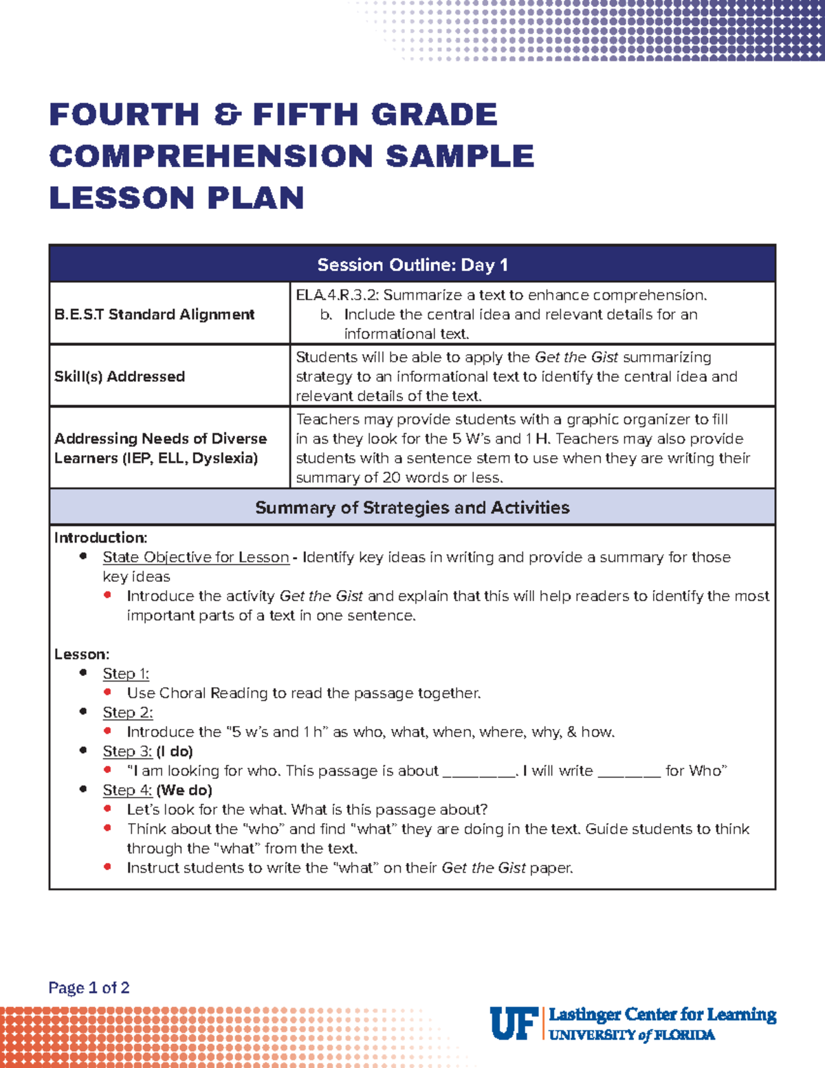 Fourth & Fifth Grade Comprehension Sample Lesson Plan - FOURTH & FIFTH ...