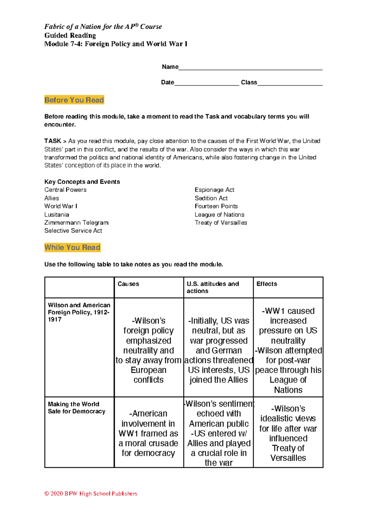 7.4 Guided Reading - Fabric of a Nation for the AP® Course Guided Reading Module 7-4: Foreign ...