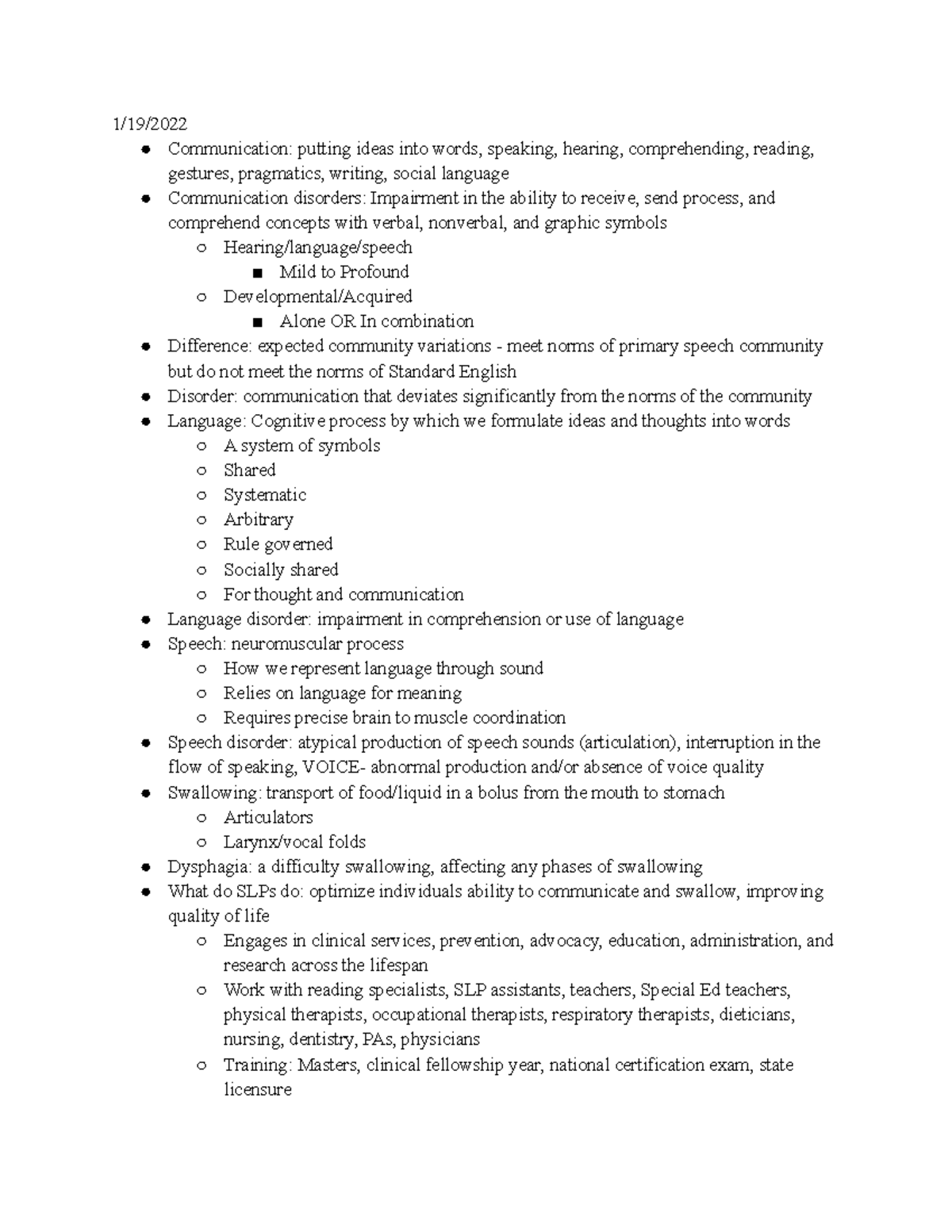 Intro to SLP - 1/19/ Communication: putting ideas into words, speaking ...