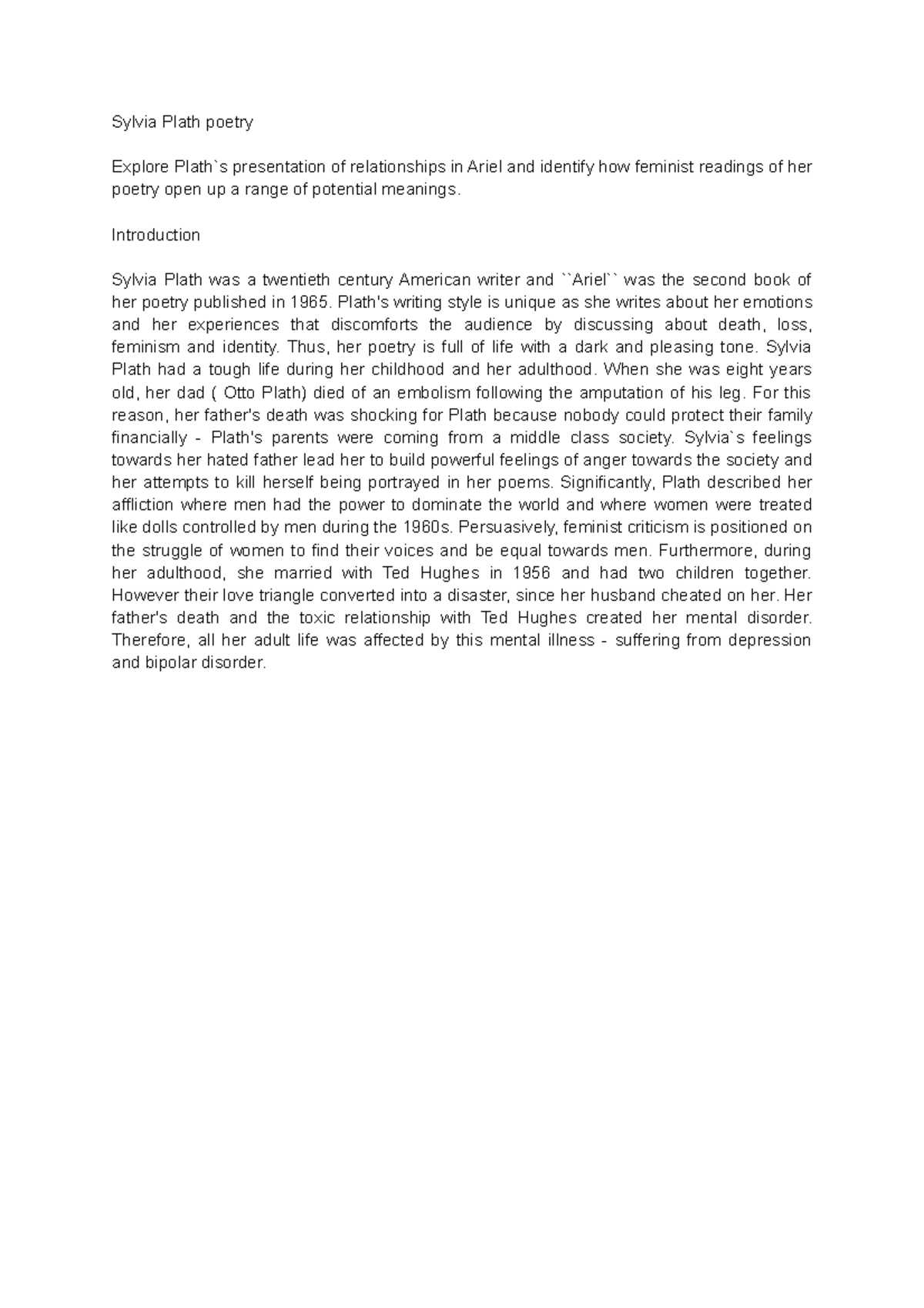 Draft for coursework poetry - Sylvia Plath poetry Explore Plath`s ...