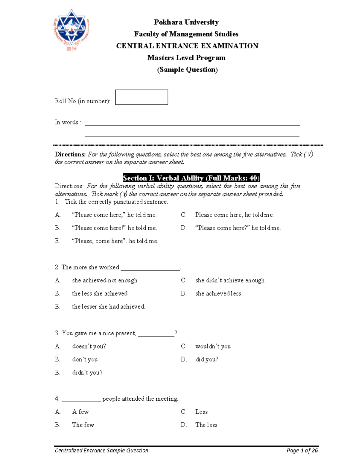 MBA- Pumat-Sample-Questions - Centralized Entrance Sample Question Page ...