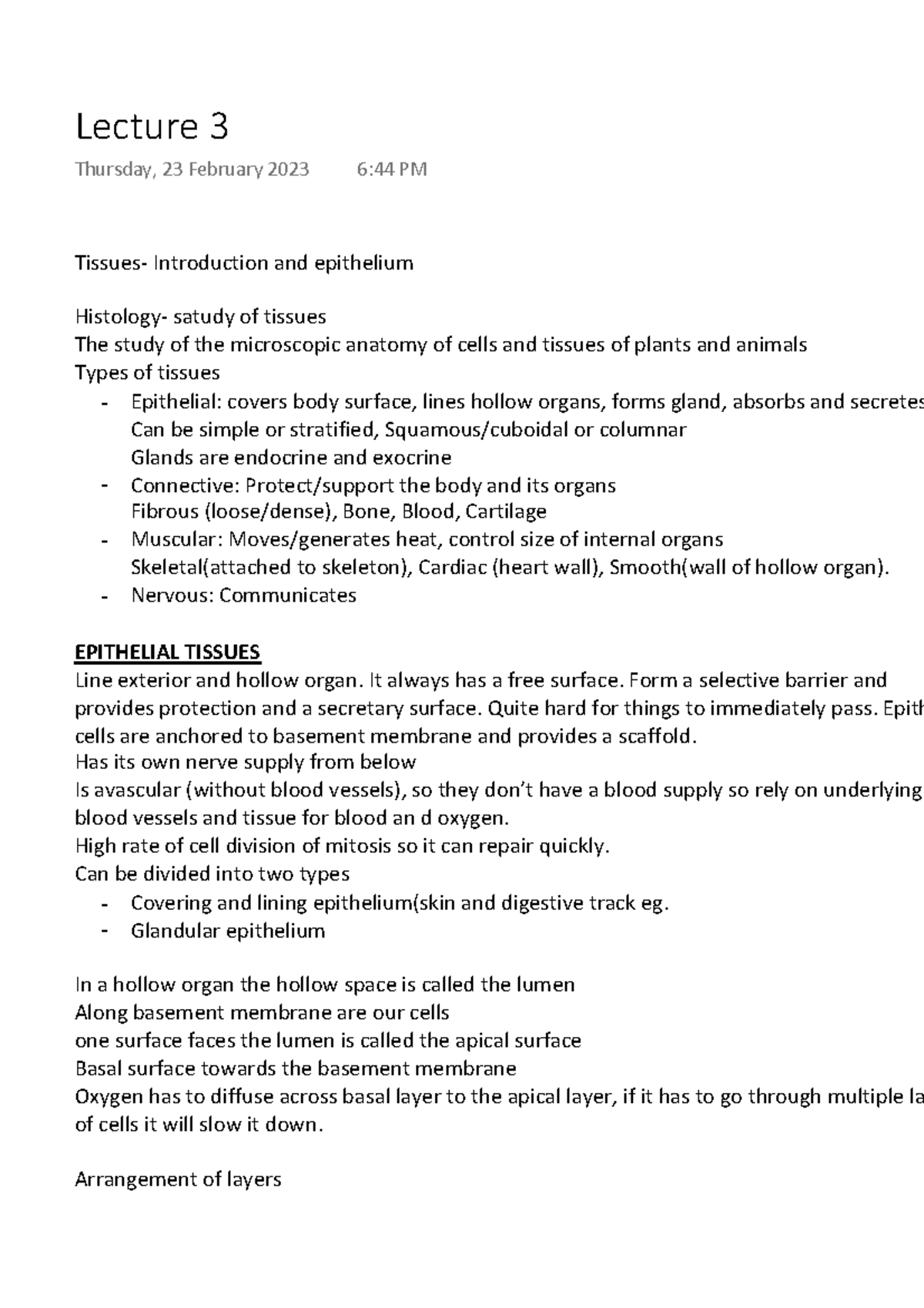 Lecture 3 - These notes are on the epithelium tissue - Tissues ...