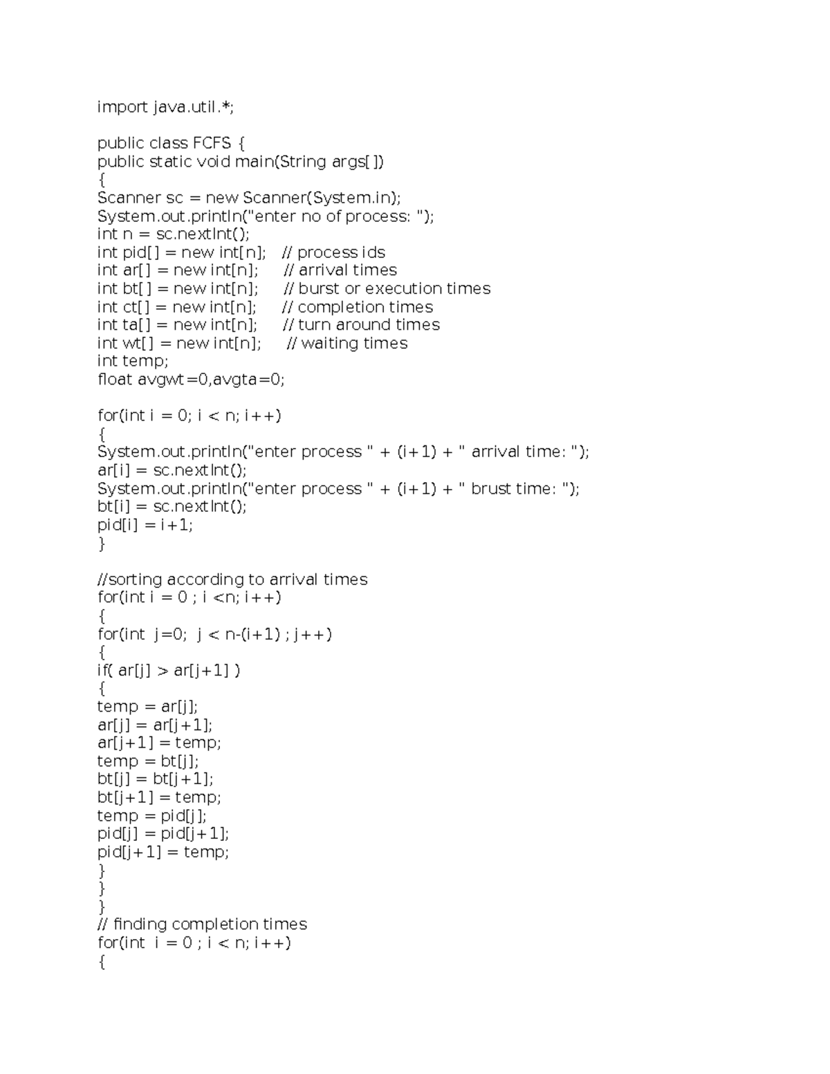 FCFS CPU Scheduling -1 - sPOS practical code with output fof FCFS - import java.*; public class ...