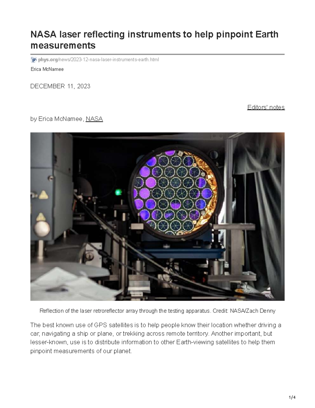 Article 1 - NASA laser reflecting instruments to help pinpoint Earth measurements - Erica ...
