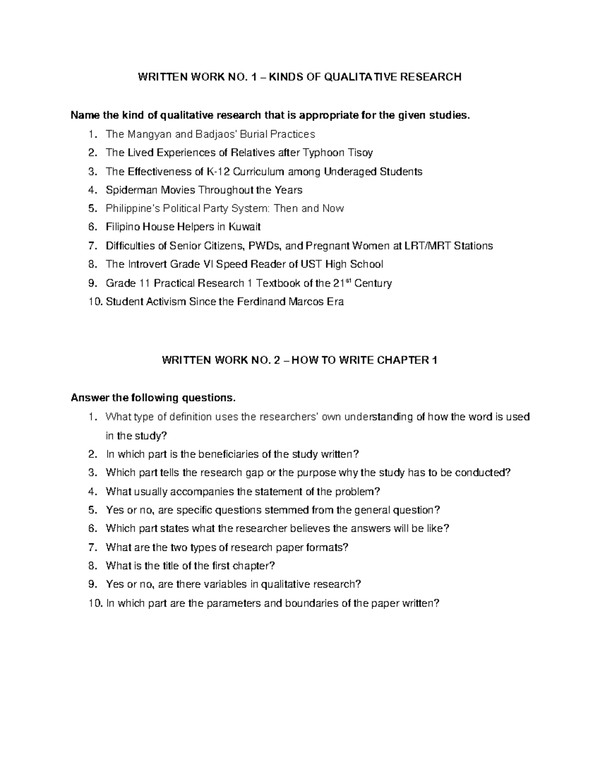 2ND SEM Written Works - WRITTEN WORK NO. 1 – KINDS OF QUALITATIVE ...