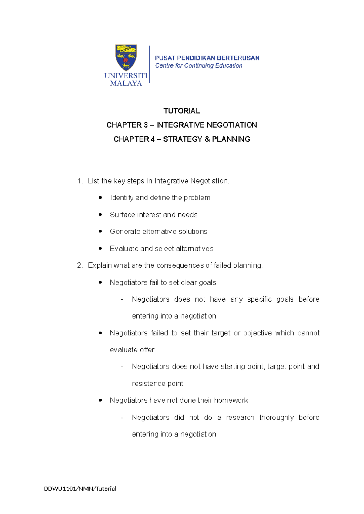 Tutorial Chapter 3 4 - TUTORIAL CHAPTER 3 – INTEGRATIVE NEGOTIATION ...