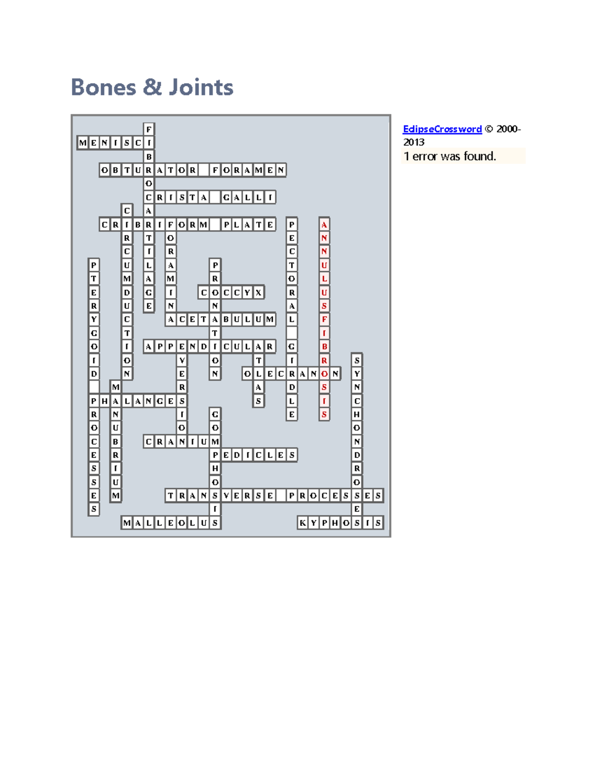 Bones Crossword Bones Joints F M E N I S C I B O B T U R A T O R F