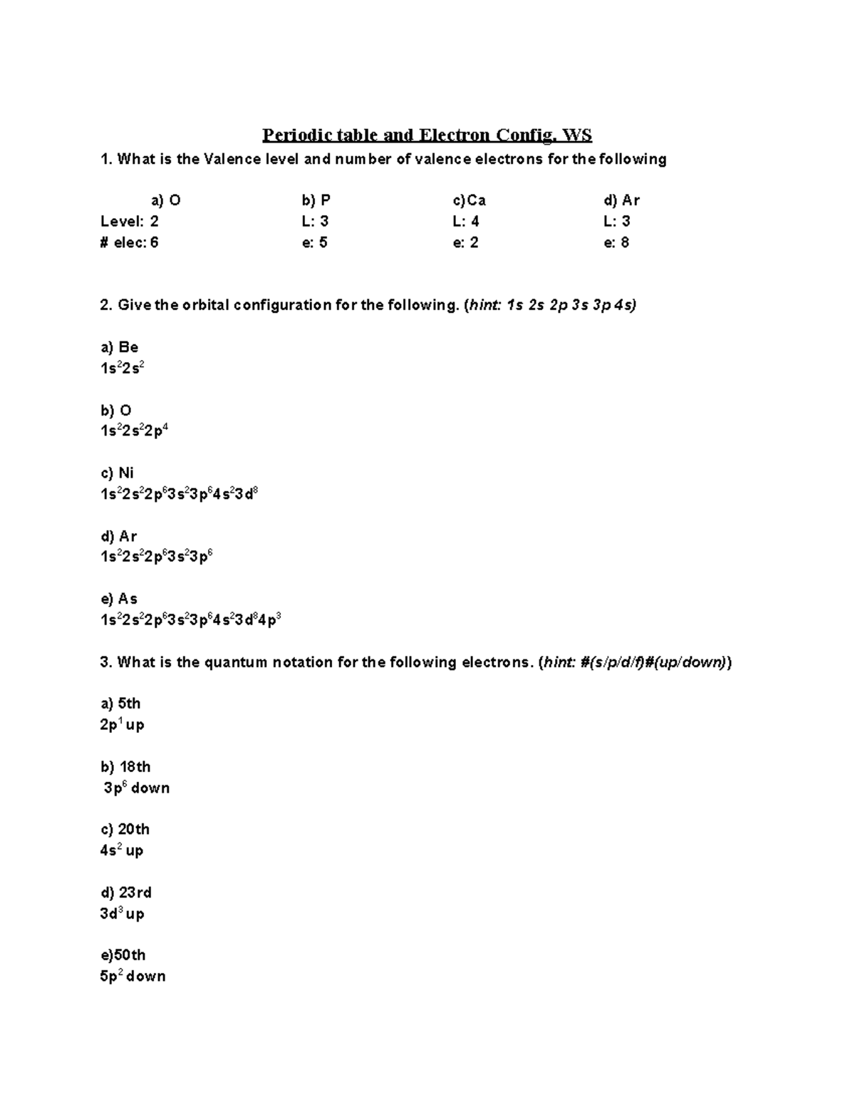Electron Config WS - WS What is the Valence level and number of valence ...
