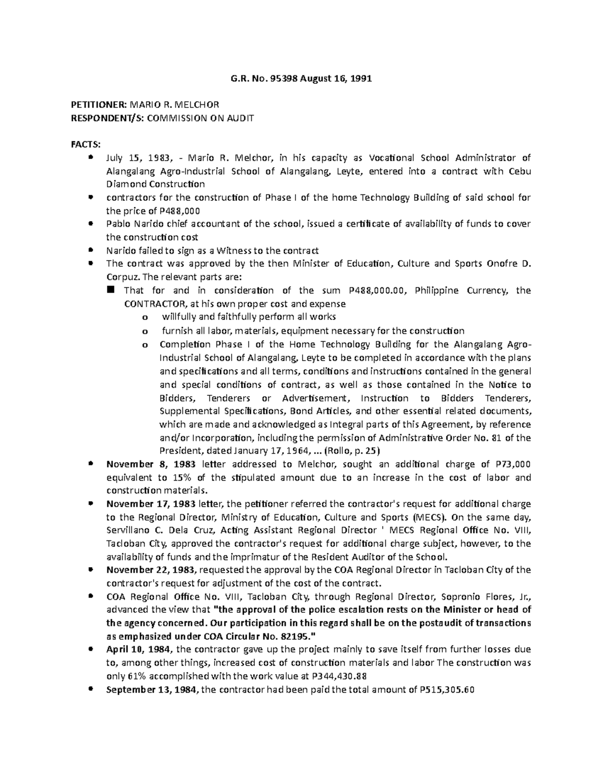 Mario R. Melchor vs. COA - G.R. No. 95398 (1991) - G. No. 95398 August ...