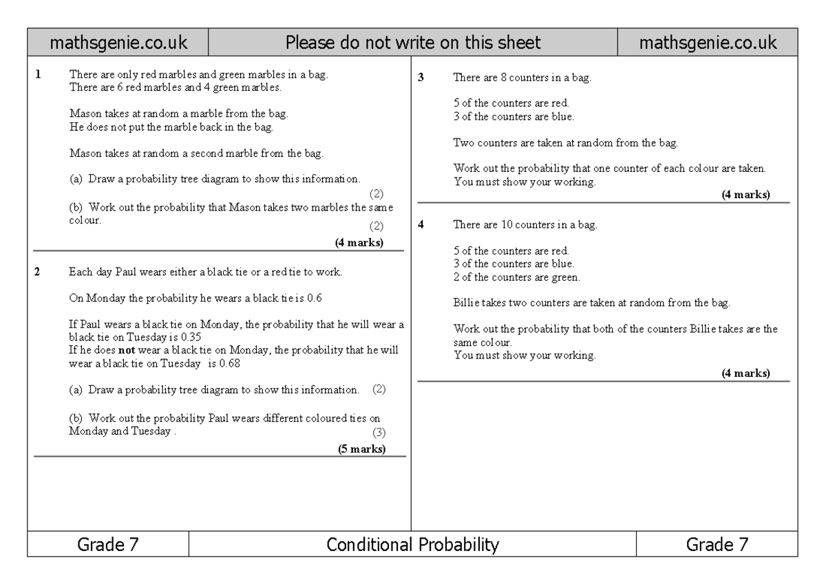 7 conditional probability ws - mathsgenie.co Grade 7 Conditional ...