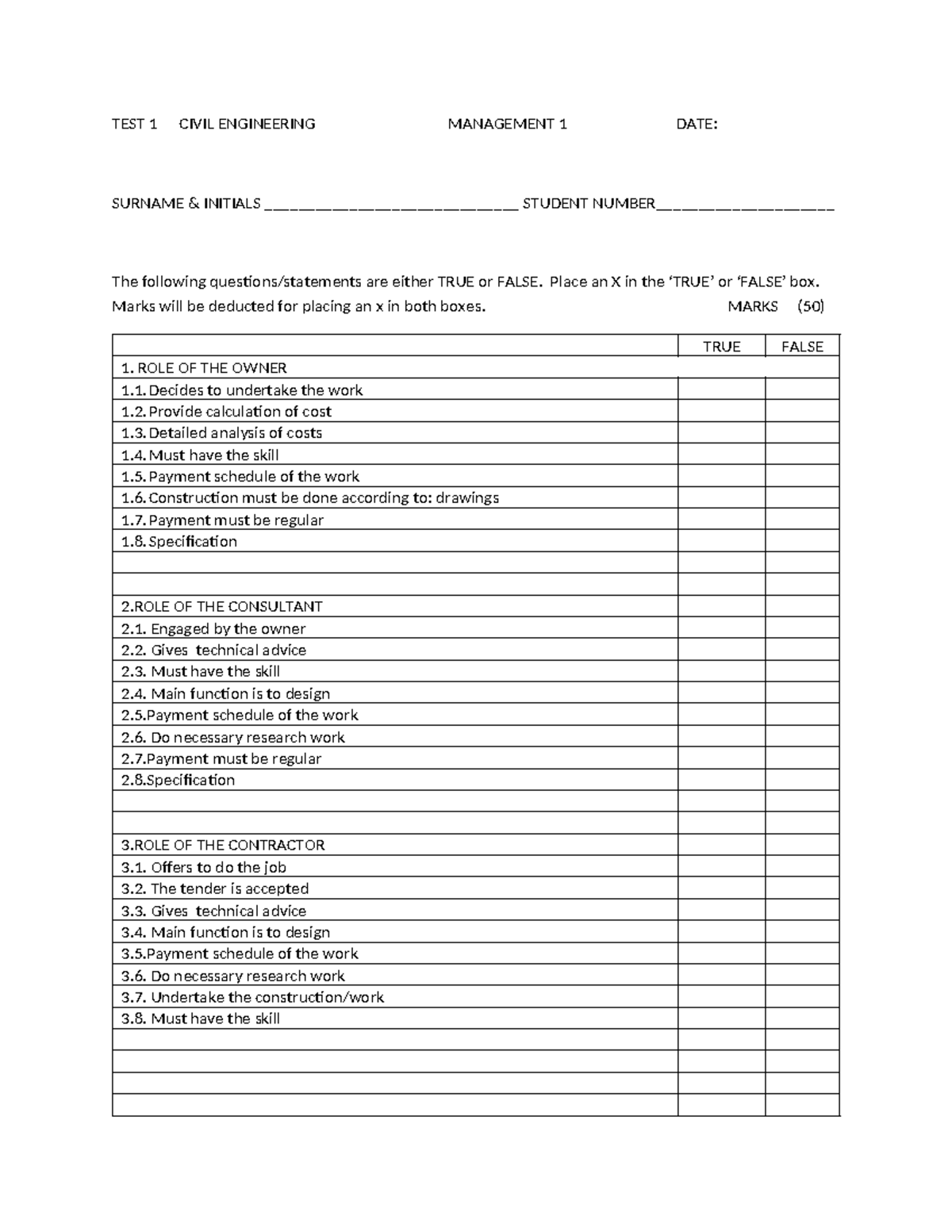 TEST 1 Questions - TEST 1 CIVIL ENGINEERING MANAGEMENT 1 DATE: SURNAME ...