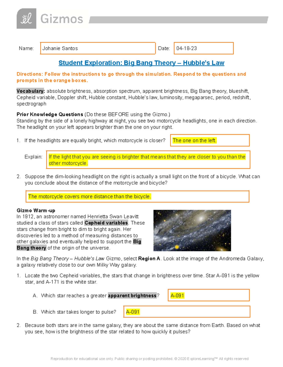 Hubble'S LAW - gizmo - Name: Johanie Santos Date: 04-18- Student ...