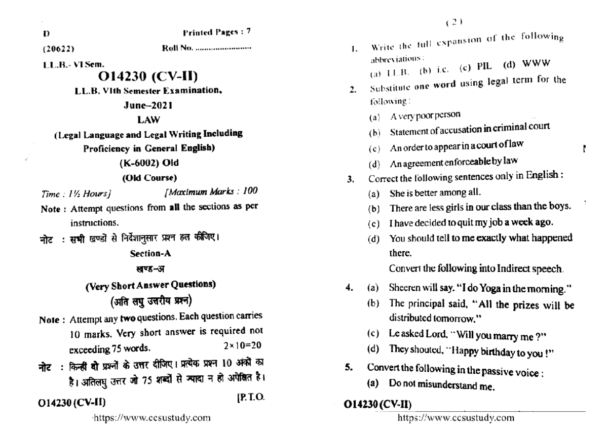 Llb 6 sem law legal 2021 - ccsu - LLB - Studocu