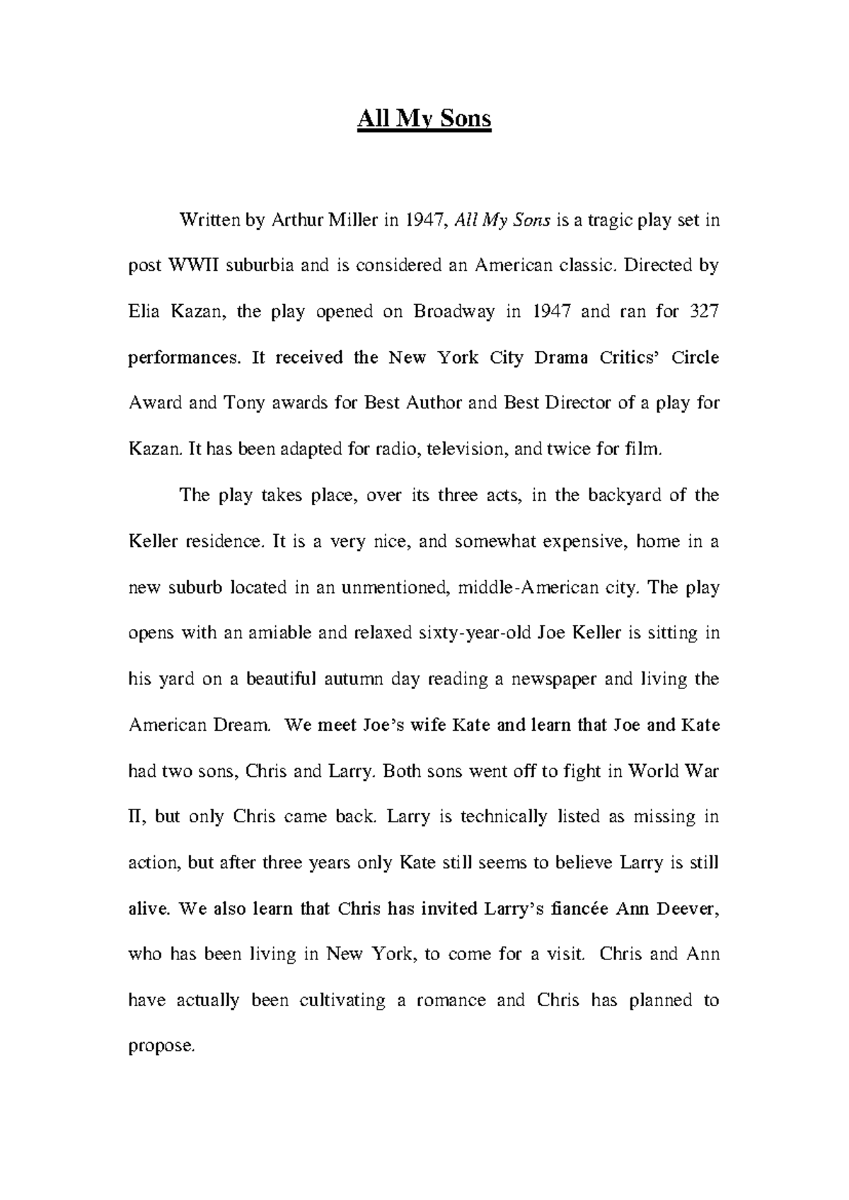 All My Sons Act Summary - All My Sons Written by Arthur Miller in 1947 ...