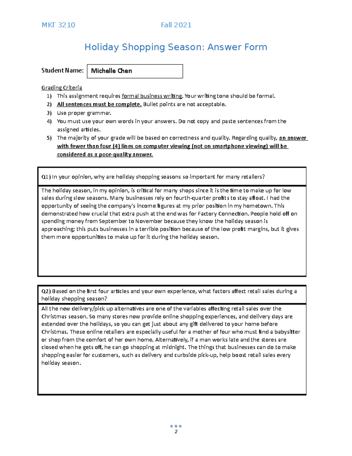 Holiday Shopping Season Answer Form - MKT 3210 Fall 2021 Holiday ...