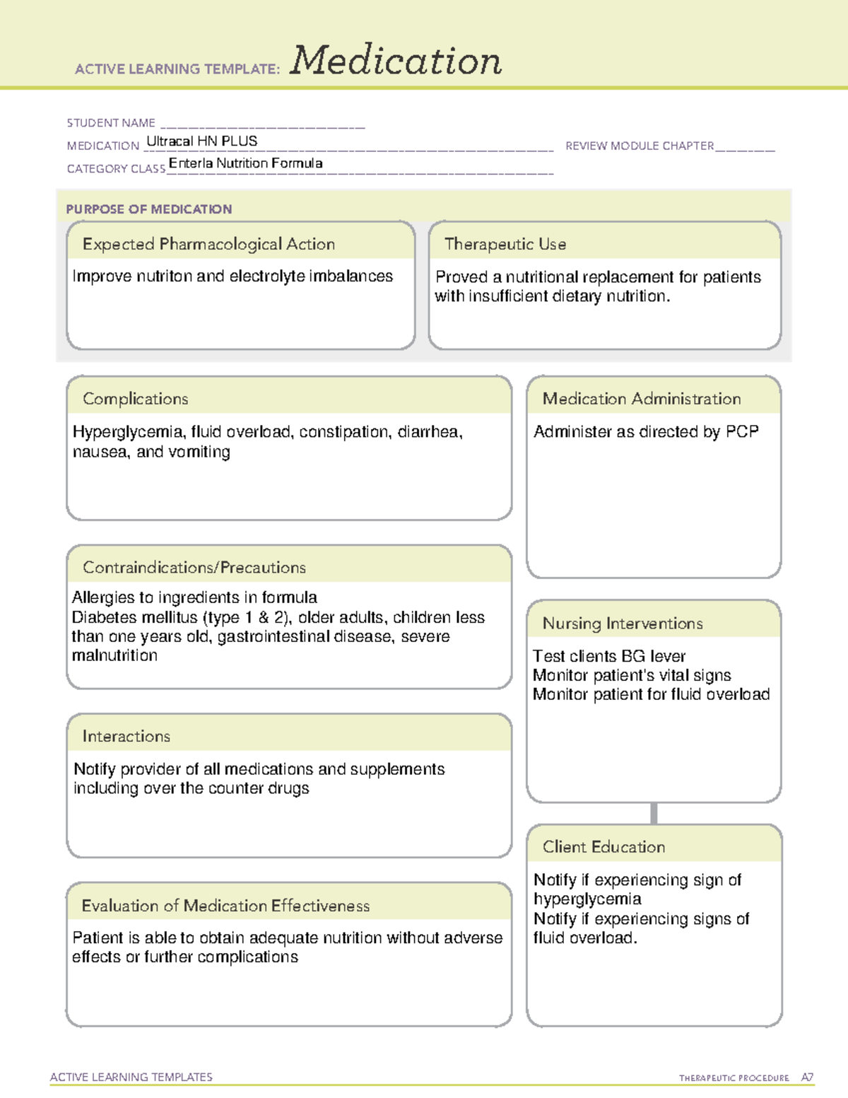 ATI Ultracal HN PLUS Medication Sheet - ACTIVE LEARNING TEMPLATES ...