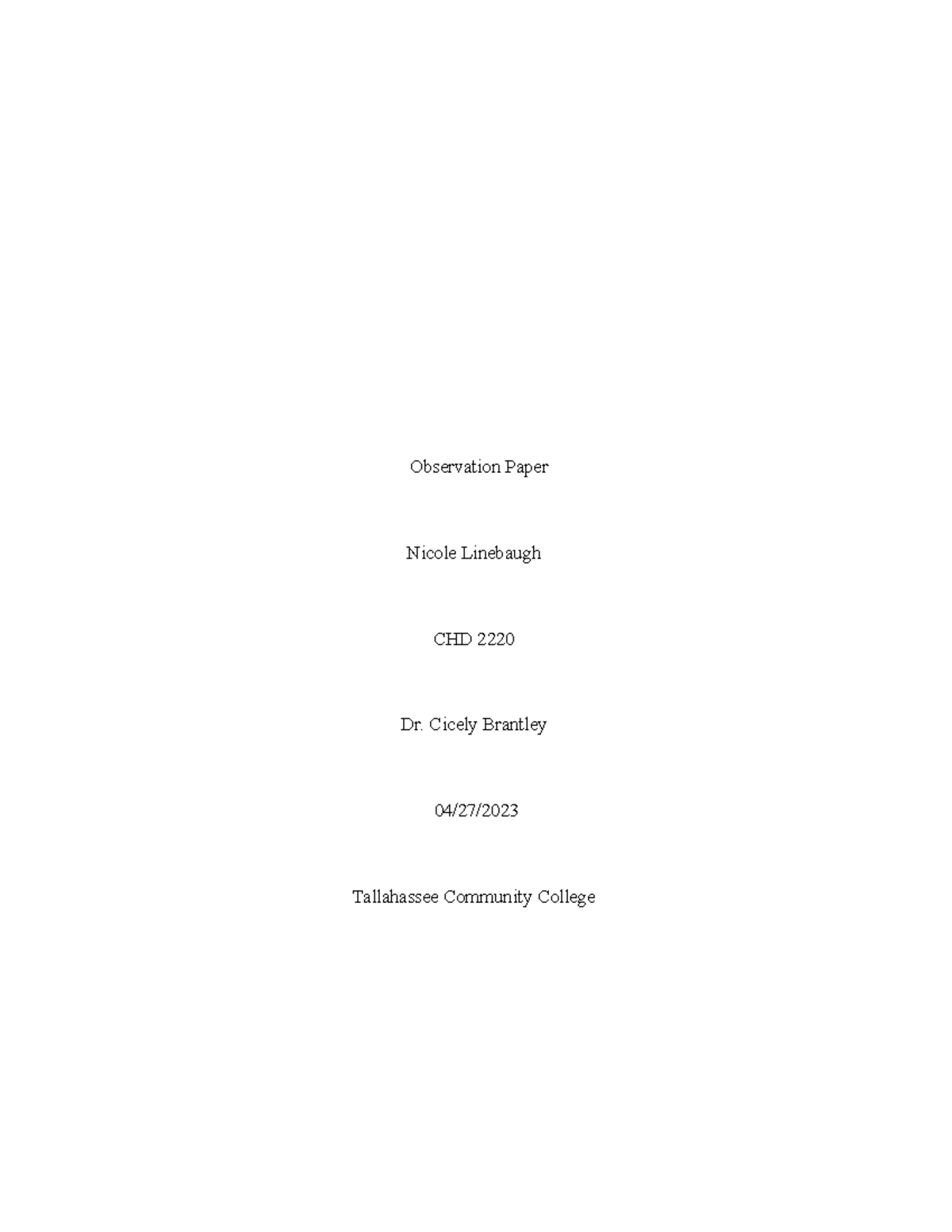 Observation Paper - TCC Online - Observation Paper Nicole Linebaugh CHD ...