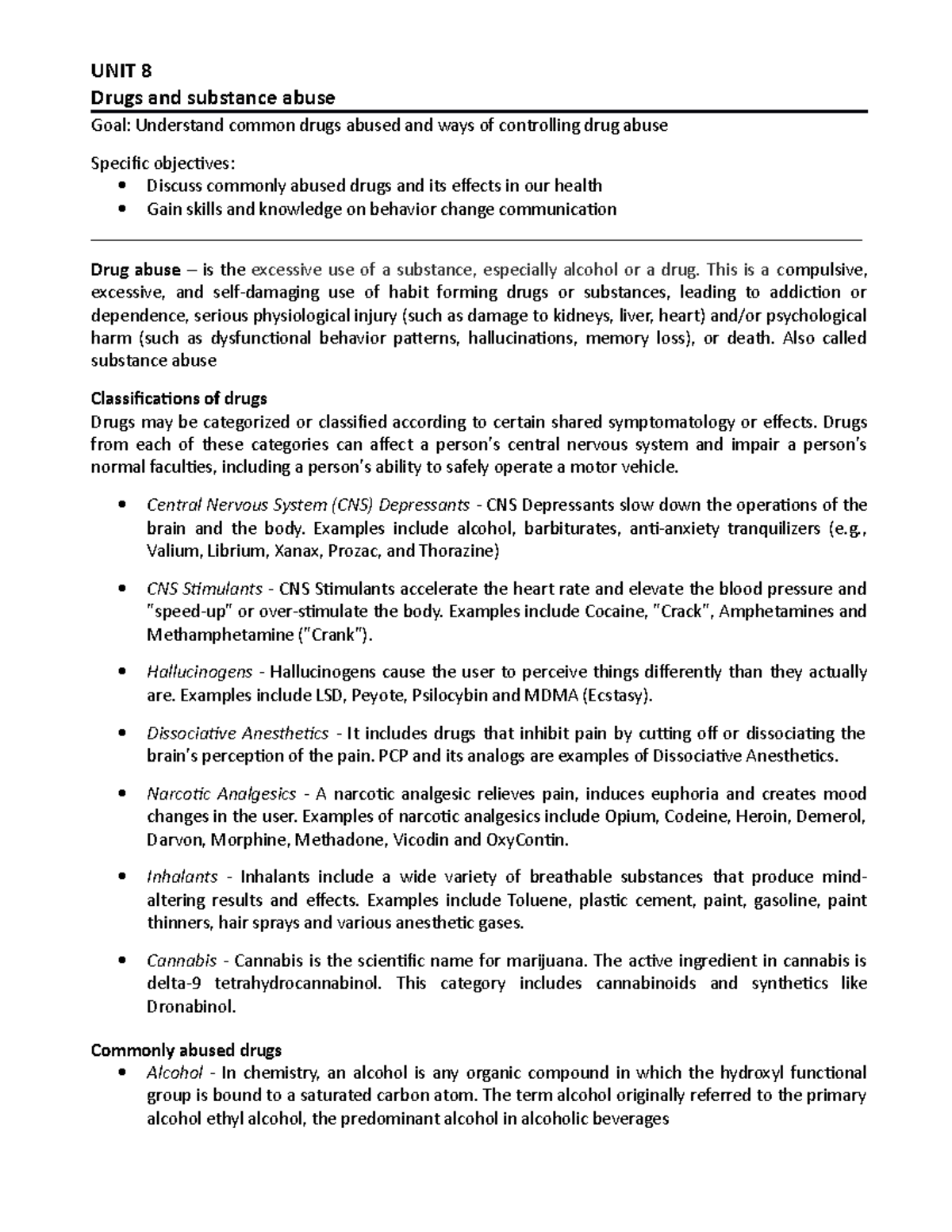 Unit 8 Drug and substance abuse - UNIT 8 Drugs and substance abuse Goal ...