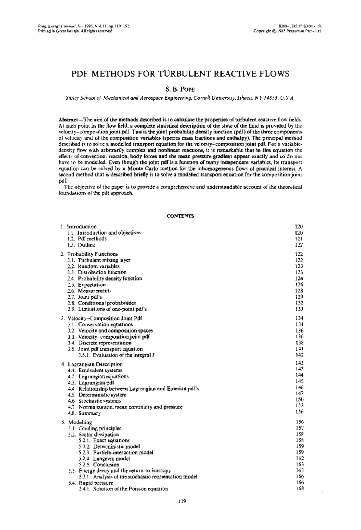 PDF methods for turbulent reactive flows - Proo. Energy Combust. Sci. 1985,Vol. 11, pp. i 19 192 ...