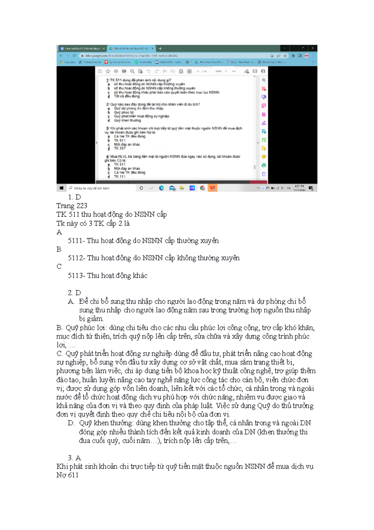 KTC-CUỐI-KỲ - 1. D Trang 223 TK 511 thu hoạt động do NSNN cấp Tk này có ...