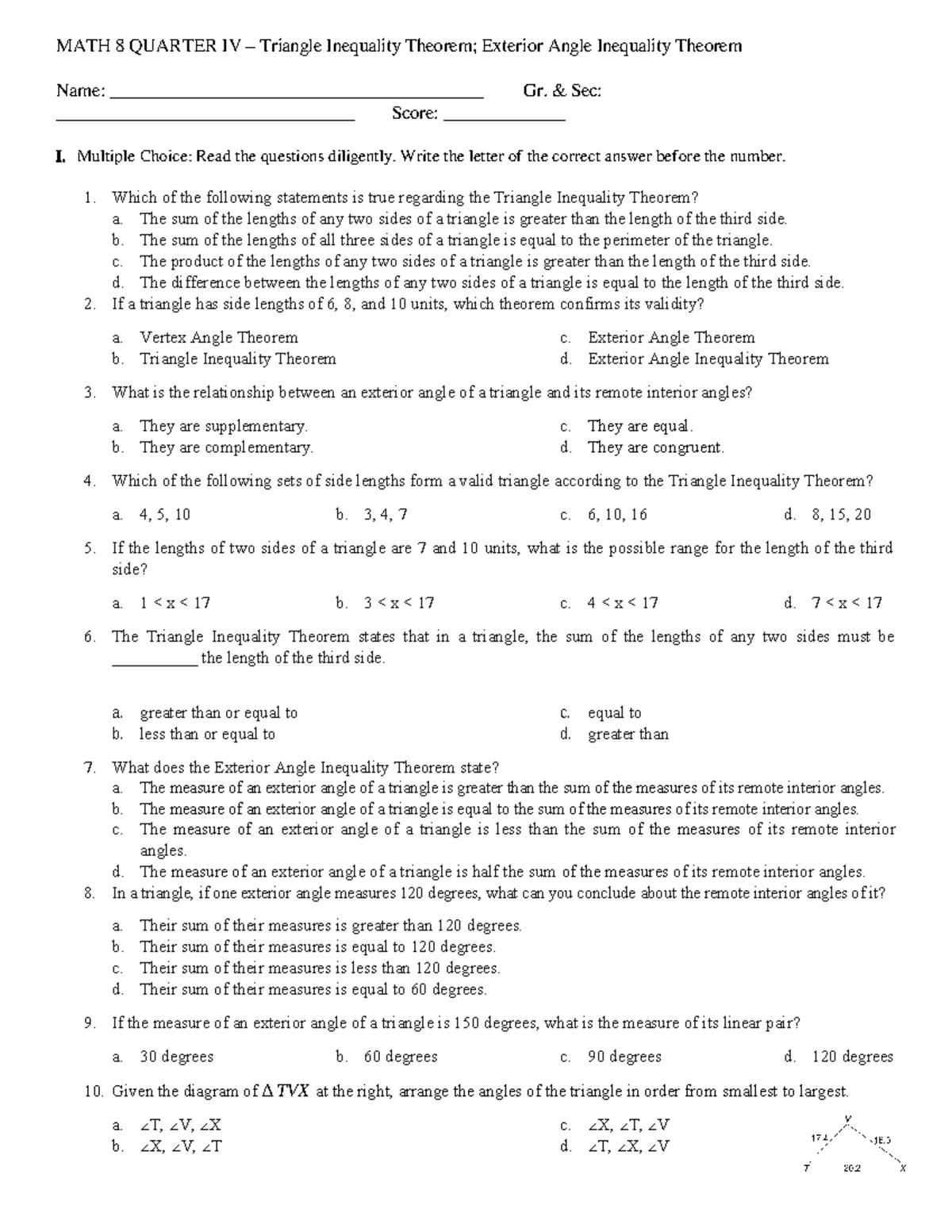 Summative Test: Triangle Inequality and Exterior Angle Inequality ...