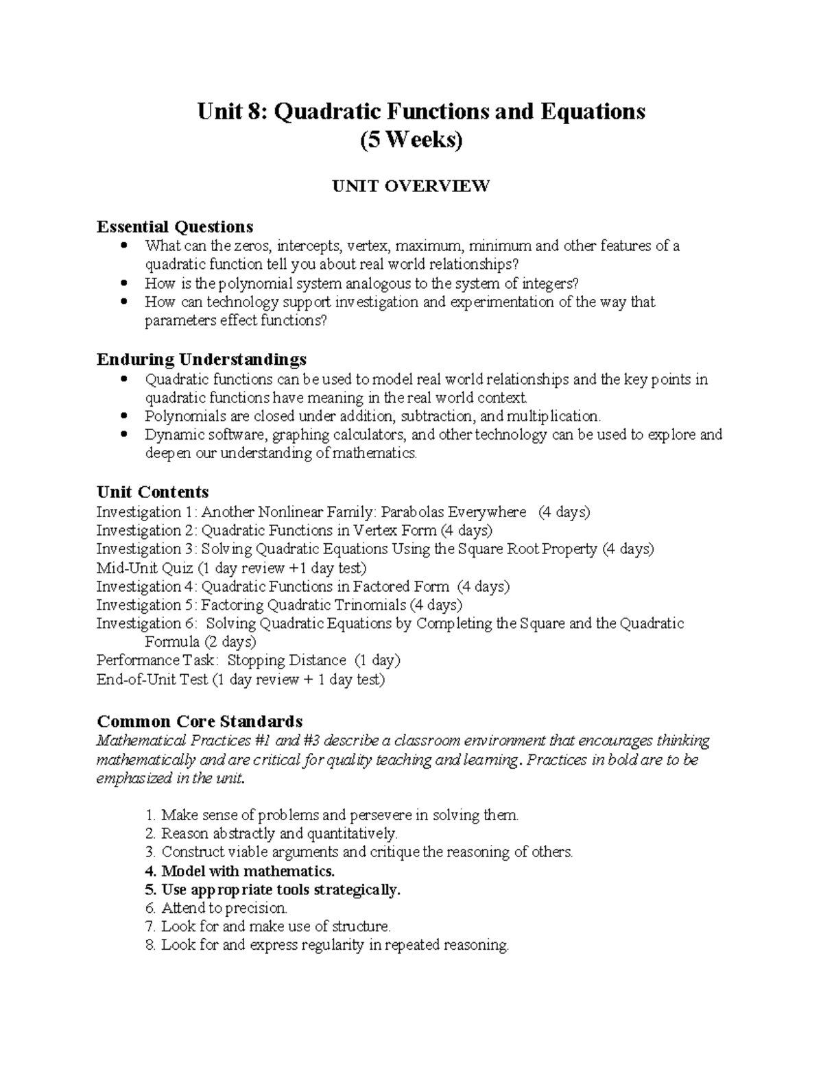 Alg u8 unit 8 plan - aaaaaaaaaaaaaaaaa - Unit 8: Quadratic Functions ...
