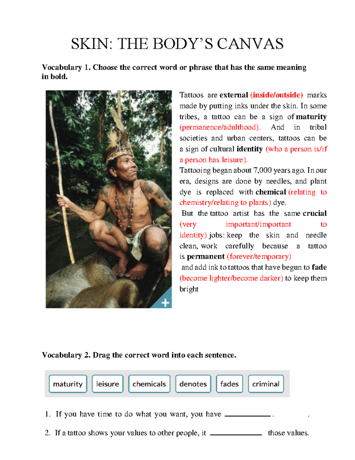 Unit 2b Homework - Reading - SKIN: THE BODY’S CANVAS Vocabulary 1 ...