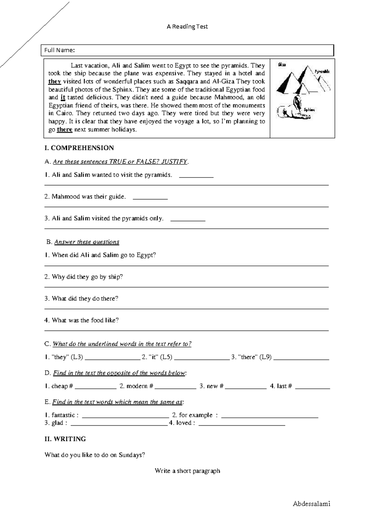 Reading Comprehension Test 20 21 - Full Name: I. COMPREHENSION A. Are ...