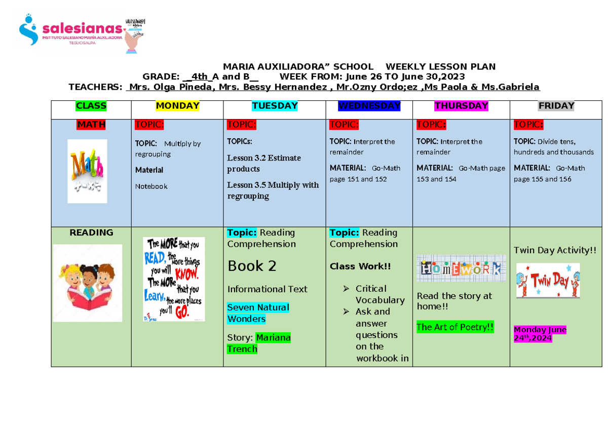 Weekly Plan Third Partial Week June 19 to June 23,2023 - MARIA AUXILIADORA” SCHOOL WEEKLY LESSON ...