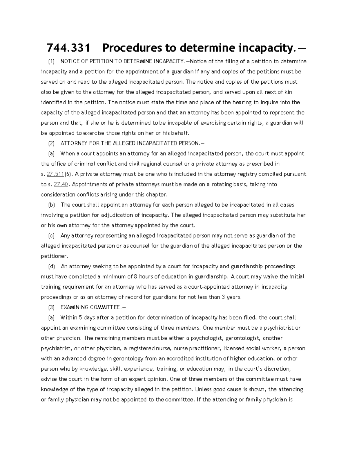 744 331 Incapacity - 744.331 - 744 Procedures to determine incapacity ...